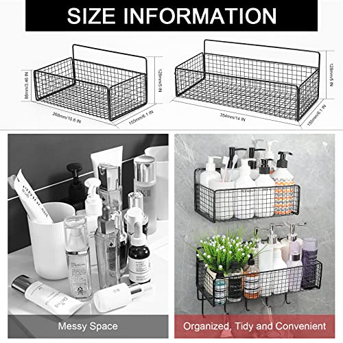 Livabber Adhesive Shower Caddy Basket Shelf with Hooks, All Metal Bathroom Organizer Shelf Rustproof Storage Basket No Drilling Wall Mounted, 2-in-1 Space Saving Kitchen Spice Racks, 2 Pack, Black