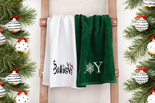 American Soft Linen Christmas Towels Bathroom Set, 2 Packed Embroidered Decorative 100% Turkish Cotton Hand Towels, Dish Towels for Decor Xmas, Joy-Believe