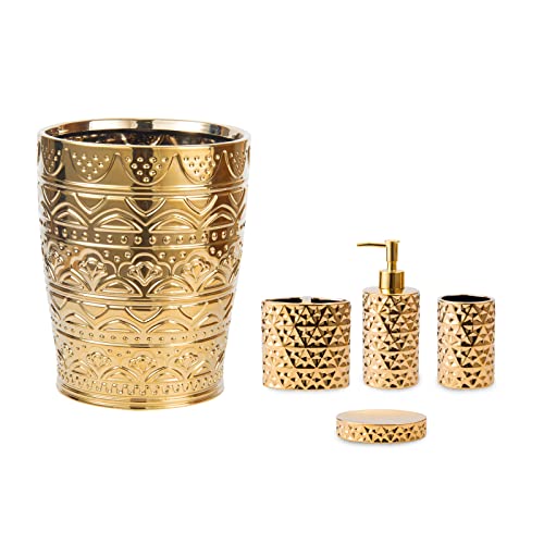 RXLVCKY Golden Trash can and Bathroom Accessories Set,5-Piece Ceramic Gift Set, Include Luxury Bath Sets Lotion Dispenser,Toothbrush Holder, Bathroom Tumblers, Soap Dish, Trash Can