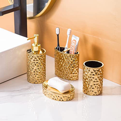 RXLVCKY Golden Trash can and Bathroom Accessories Set,5-Piece Ceramic Gift Set, Include Luxury Bath Sets Lotion Dispenser,Toothbrush Holder, Bathroom Tumblers, Soap Dish, Trash Can