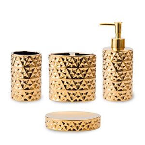 RXLVCKY Golden Trash can and Bathroom Accessories Set,5-Piece Ceramic Gift Set, Include Luxury Bath Sets Lotion Dispenser,Toothbrush Holder, Bathroom Tumblers, Soap Dish, Trash Can