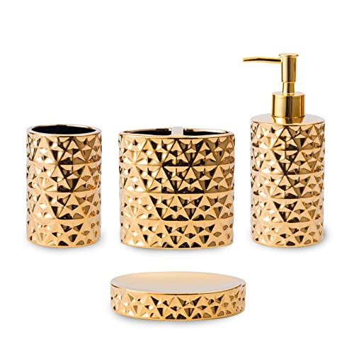 RXLVCKY Golden Trash can and Bathroom Accessories Set,5-Piece Ceramic Gift Set, Include Luxury Bath Sets Lotion Dispenser,Toothbrush Holder, Bathroom Tumblers, Soap Dish, Trash Can