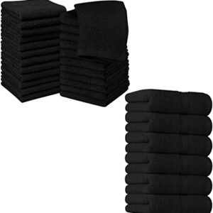 Utopia Towels Premium Bundle - Cotton Washcloths Black (12x12 inches) Pack of 24 with Black Hand Towels 600 GSM (16 x 28 inches), Pack of 6