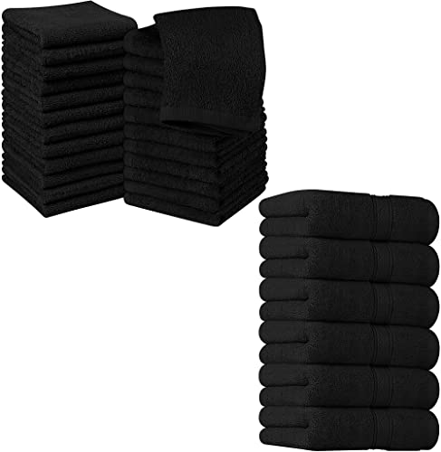 Utopia Towels Premium Bundle - Cotton Washcloths Black (12x12 inches) Pack of 24 with Black Hand Towels 600 GSM (16 x 28 inches), Pack of 6