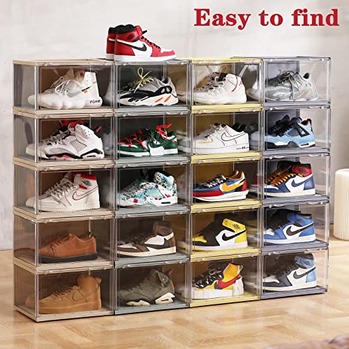 W XUEXIEWU K.T.Z Shoe Boxes，Clear Plastic Shoe Box，Sports Shoe Storage Box， Magnetic Side Open Stackable Shoe Box（Khaki 1PCS）