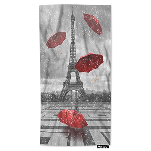 AOYEGO Eiffel Tower Red Umbrella Beach Towels Rainy Day in Paris France Gray Microfiber Soft Towels for Bath Hair Hand Towel for Women/Men/Girls/Boys 15x30 Inch