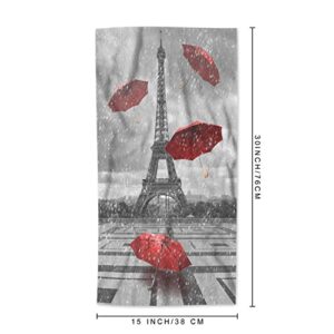 AOYEGO Eiffel Tower Red Umbrella Beach Towels Rainy Day in Paris France Gray Microfiber Soft Towels for Bath Hair Hand Towel for Women/Men/Girls/Boys 15x30 Inch