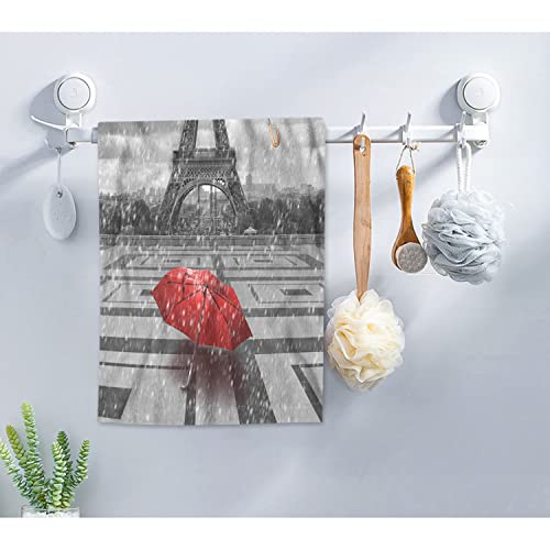 AOYEGO Eiffel Tower Red Umbrella Beach Towels Rainy Day in Paris France Gray Microfiber Soft Towels for Bath Hair Hand Towel for Women/Men/Girls/Boys 15x30 Inch