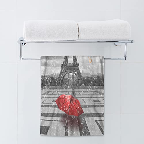 AOYEGO Eiffel Tower Red Umbrella Beach Towels Rainy Day in Paris France Gray Microfiber Soft Towels for Bath Hair Hand Towel for Women/Men/Girls/Boys 15x30 Inch