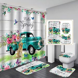 jayden madge 4pcs teal farm truck shower curtain set, watercolor floral leaf pink peony butterfly hummingbird country turquoise vintage car rustic farmhouse bathroom decor, non-slip bath mat, cute dog