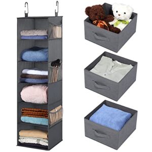 sunexinlo hanging closet organizer 6-shelf,hanging shelves for closet with 3 drawers & pockets,closet organizers and storage for clothes,grey