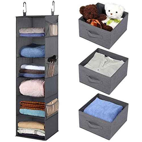 Sunexinlo Hanging Closet Organizer 6-Shelf,Hanging Shelves for Closet with 3 Drawers & Pockets,Closet Organizers and Storage for Clothes,Grey