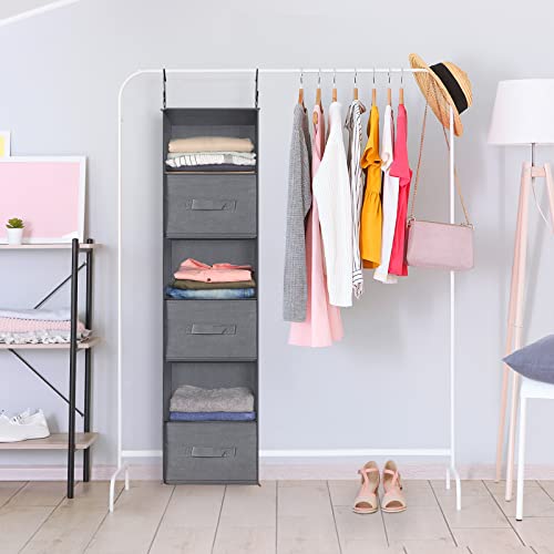 Sunexinlo Hanging Closet Organizer 6-Shelf,Hanging Shelves for Closet with 3 Drawers & Pockets,Closet Organizers and Storage for Clothes,Grey