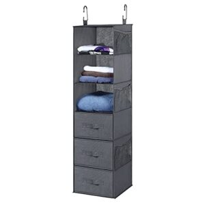 Sunexinlo Hanging Closet Organizer 6-Shelf,Hanging Shelves for Closet with 3 Drawers & Pockets,Closet Organizers and Storage for Clothes,Grey