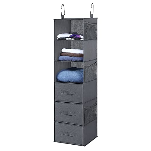 Sunexinlo Hanging Closet Organizer 6-Shelf,Hanging Shelves for Closet with 3 Drawers & Pockets,Closet Organizers and Storage for Clothes,Grey