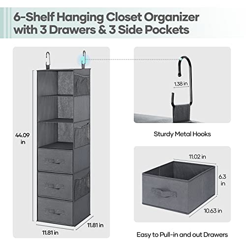 Sunexinlo Hanging Closet Organizer 6-Shelf,Hanging Shelves for Closet with 3 Drawers & Pockets,Closet Organizers and Storage for Clothes,Grey