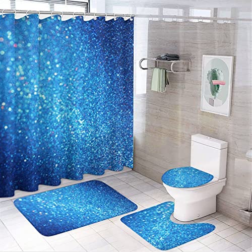 4PCS Blue Glitter Waterproof Shower Curtain Set with Non-Slip Rugs Toilet Lid Cover and Bath Mat Polyester Bathroom Curtain with Hooks 72"x72"