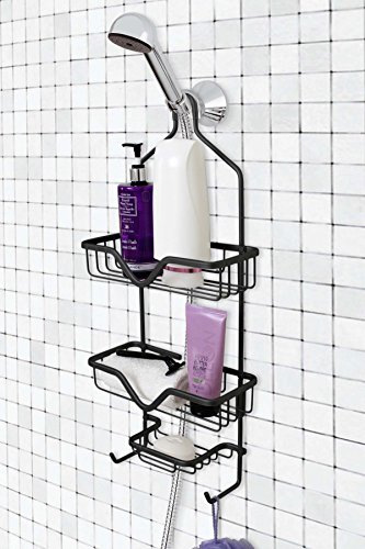 Splash Home Maui Aluminum Bathroom Organizer Shower Caddy, Hanging Head Two Shelf Plus Dish, Shower Rack Storage for Shampoo, Conditioner and Soap, Black