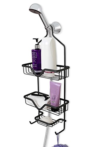 Splash Home Maui Aluminum Bathroom Organizer Shower Caddy, Hanging Head Two Shelf Plus Dish, Shower Rack Storage for Shampoo, Conditioner and Soap, Black