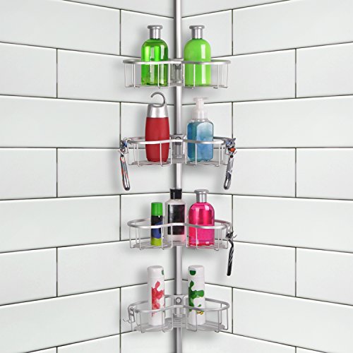 Utopia Alley Flat Shelf Rustproof Shower Caddy, Satin Chrome, Corner Pole Caddy