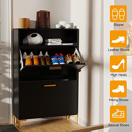 HSSZXFR 47” Tipping Bucket Shoe Cabinet, Freestanding Hidden Shoe Cabinet with 2 Flip Drawers for Entryway, Modern Shoe Rack Storage Organizer for Hallway Bedroom Living Room, Black