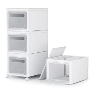 large rolling plastic storage bins box containers with lid for organizing, stackable cube storage drawers organizer for clothes closet toys photo cd desk living room kitchen- white, 3 layers with lids