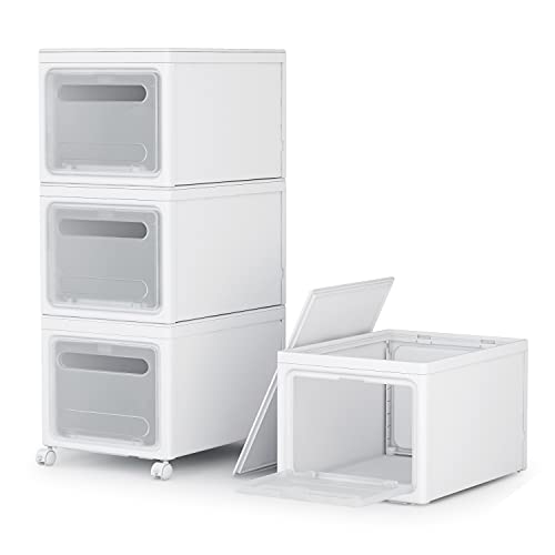 Large Rolling Plastic Storage Bins Box Containers with Lid for Organizing, Stackable Cube Storage Drawers Organizer for Clothes Closet Toys Photo CD Desk Living Room Kitchen- White, 3 layers with lids