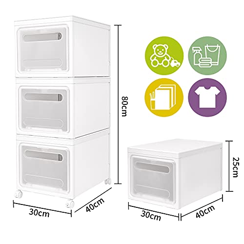 Large Rolling Plastic Storage Bins Box Containers with Lid for Organizing, Stackable Cube Storage Drawers Organizer for Clothes Closet Toys Photo CD Desk Living Room Kitchen- White, 3 layers with lids