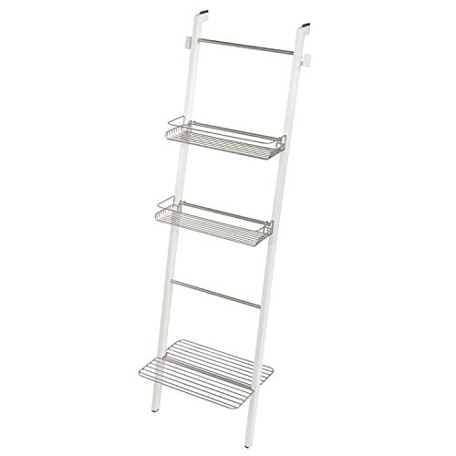 InterDesign Formbu Free Standing Bathroom Storage Ladder with Shelves for Towels, Soap, Candles, Tissues, Lotion, Accessories - White/Satin