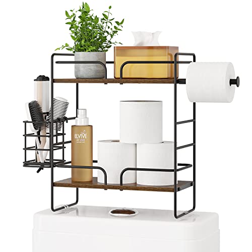 SEIRIONE 2-Tier Over The Toilet Storage Shelf,Wooden Toilet Shelf Organizer with Toilet Paper Holder Storage,Compact Bathroom Toilet Shelf Over Toilet Tank Tray with 3 Mounting Options,Rustic Brown