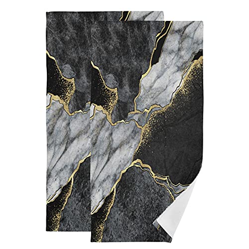 Jucciaco Black Marble Hand Towel for Bathroom Kitchen, Absorbent Luxury Black and Grey Marble Bath Hand Towels Decorative, Soft Polyester Cotton Towels for Hand, 28x14 inches, Set of 2