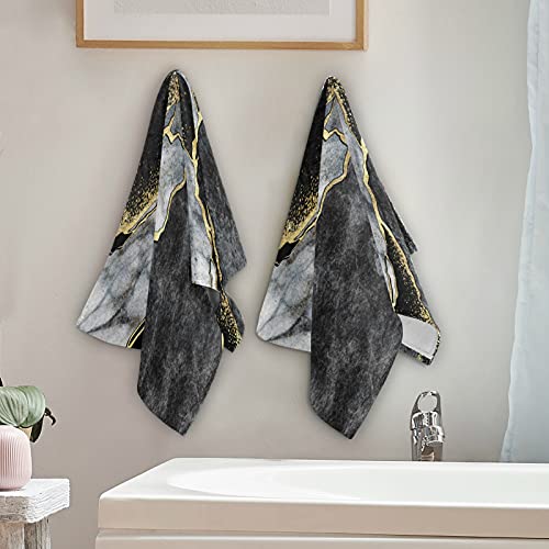 Jucciaco Black Marble Hand Towel for Bathroom Kitchen, Absorbent Luxury Black and Grey Marble Bath Hand Towels Decorative, Soft Polyester Cotton Towels for Hand, 28x14 inches, Set of 2