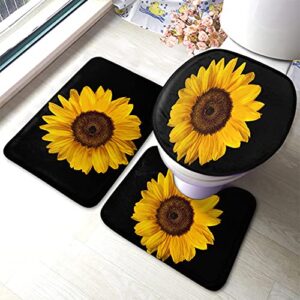 wondertify sunflower bathroom antiskid pad summer beautiful blooming yellow flower 3 pieces bathroom rugs set, bath mat+contour+toilet lid cover black