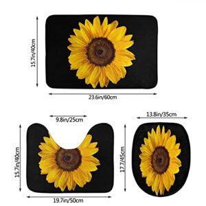 Wondertify Sunflower Bathroom Antiskid Pad Summer Beautiful Blooming Yellow Flower 3 Pieces Bathroom Rugs Set, Bath Mat+Contour+Toilet Lid Cover Black