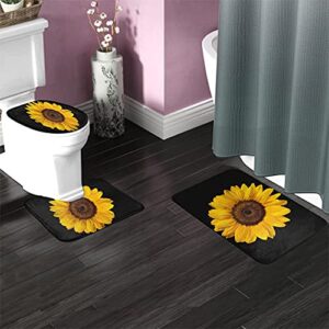 Wondertify Sunflower Bathroom Antiskid Pad Summer Beautiful Blooming Yellow Flower 3 Pieces Bathroom Rugs Set, Bath Mat+Contour+Toilet Lid Cover Black