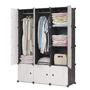 kousi portable closet wardrobe closet clothes closet bedroom armoire storage organizer with doors, spacious,sturdy, extra space, durable black, 6 cubes 2 hanging clothes-fba