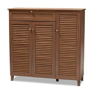 baxton studio coolidge wood 11-shelf and drawer shoe cabinet in walnut brown