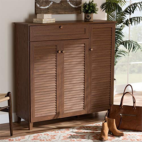 Baxton Studio Coolidge Wood 11-Shelf and Drawer Shoe Cabinet in Walnut Brown