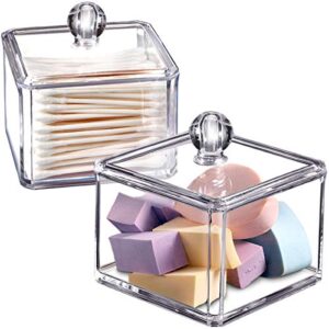 modern square qtip holder acrylic bathroom vanity countertop storage organizer canister jar for cotton swabs, rounds, balls, makeup sponges, bath salts - 2 pack - clear