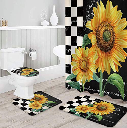 4 Piece Bathroom Set, Farm Floral Sunflowers Black and White Checkered Plaids Shower Curtain and Bath Mat Set with Non-Slip Rugs, Toilet Lid Cover Modern Waterproof Shower Curtain Set 36x72 Inch