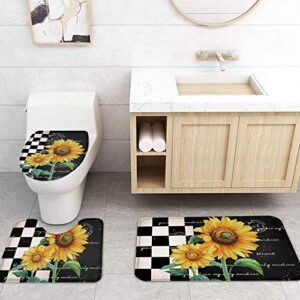 4 Piece Bathroom Set, Farm Floral Sunflowers Black and White Checkered Plaids Shower Curtain and Bath Mat Set with Non-Slip Rugs, Toilet Lid Cover Modern Waterproof Shower Curtain Set 36x72 Inch