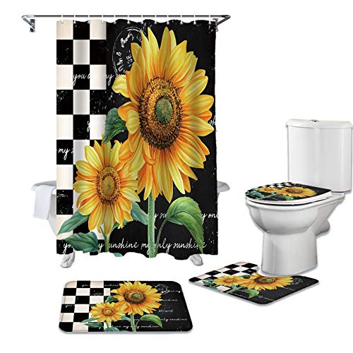 4 Piece Bathroom Set, Farm Floral Sunflowers Black and White Checkered Plaids Shower Curtain and Bath Mat Set with Non-Slip Rugs, Toilet Lid Cover Modern Waterproof Shower Curtain Set 36x72 Inch