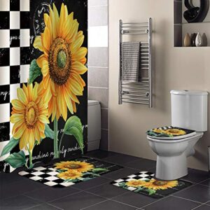 4 Piece Bathroom Set, Farm Floral Sunflowers Black and White Checkered Plaids Shower Curtain and Bath Mat Set with Non-Slip Rugs, Toilet Lid Cover Modern Waterproof Shower Curtain Set 36x72 Inch