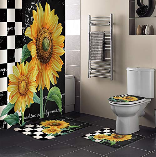 4 Piece Bathroom Set, Farm Floral Sunflowers Black and White Checkered Plaids Shower Curtain and Bath Mat Set with Non-Slip Rugs, Toilet Lid Cover Modern Waterproof Shower Curtain Set 36x72 Inch