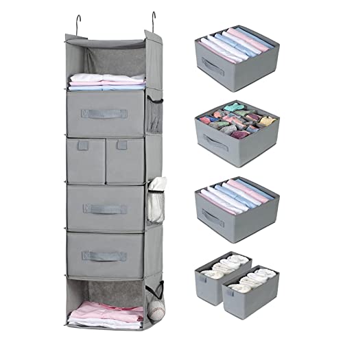 Bosuelife 6-shelves Hanging Closet Organizer with 5 Different Drawers, Foldable Closet Organizers and Storage for Wardrobe, Closet& RV, Clothes and Accessories Storage, Non-woven fabric, Gray