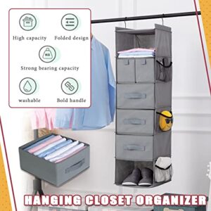 Bosuelife 6-shelves Hanging Closet Organizer with 5 Different Drawers, Foldable Closet Organizers and Storage for Wardrobe, Closet& RV, Clothes and Accessories Storage, Non-woven fabric, Gray