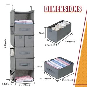 Bosuelife 6-shelves Hanging Closet Organizer with 5 Different Drawers, Foldable Closet Organizers and Storage for Wardrobe, Closet& RV, Clothes and Accessories Storage, Non-woven fabric, Gray