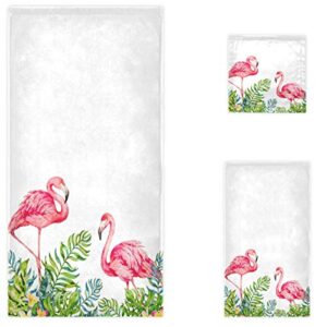 naanle tropical leaves couple pink flamingo soft luxury decorative set of 3 towels, 1 bath towel+1 hand towel+1 washcloth, multipurpose for bathroom, hotel, gym, spa and beach