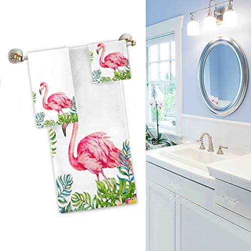 Naanle Tropical Leaves Couple Pink Flamingo Soft Luxury Decorative Set of 3 Towels, 1 Bath Towel+1 Hand Towel+1 Washcloth, Multipurpose for Bathroom, Hotel, Gym, Spa and Beach