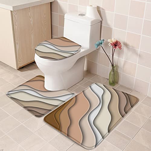 Ombre Bath Rugs for Bathroom Set 3 Piece Beach Geometric Gradient Brown Striped Non-Slip Washable Memory Foam Absorbent Bath Mat Runner Rugs for Tub Shower,U-Shaped Toilet Floor Mats,Toilet Lid Cover